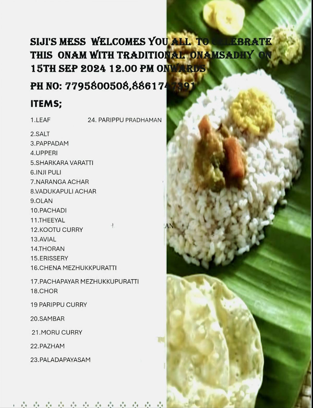 Menu at Kerala Mess. SIJI's MESS, Bengaluru