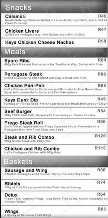 Menu at The Keys on Florida restaurant, Durban