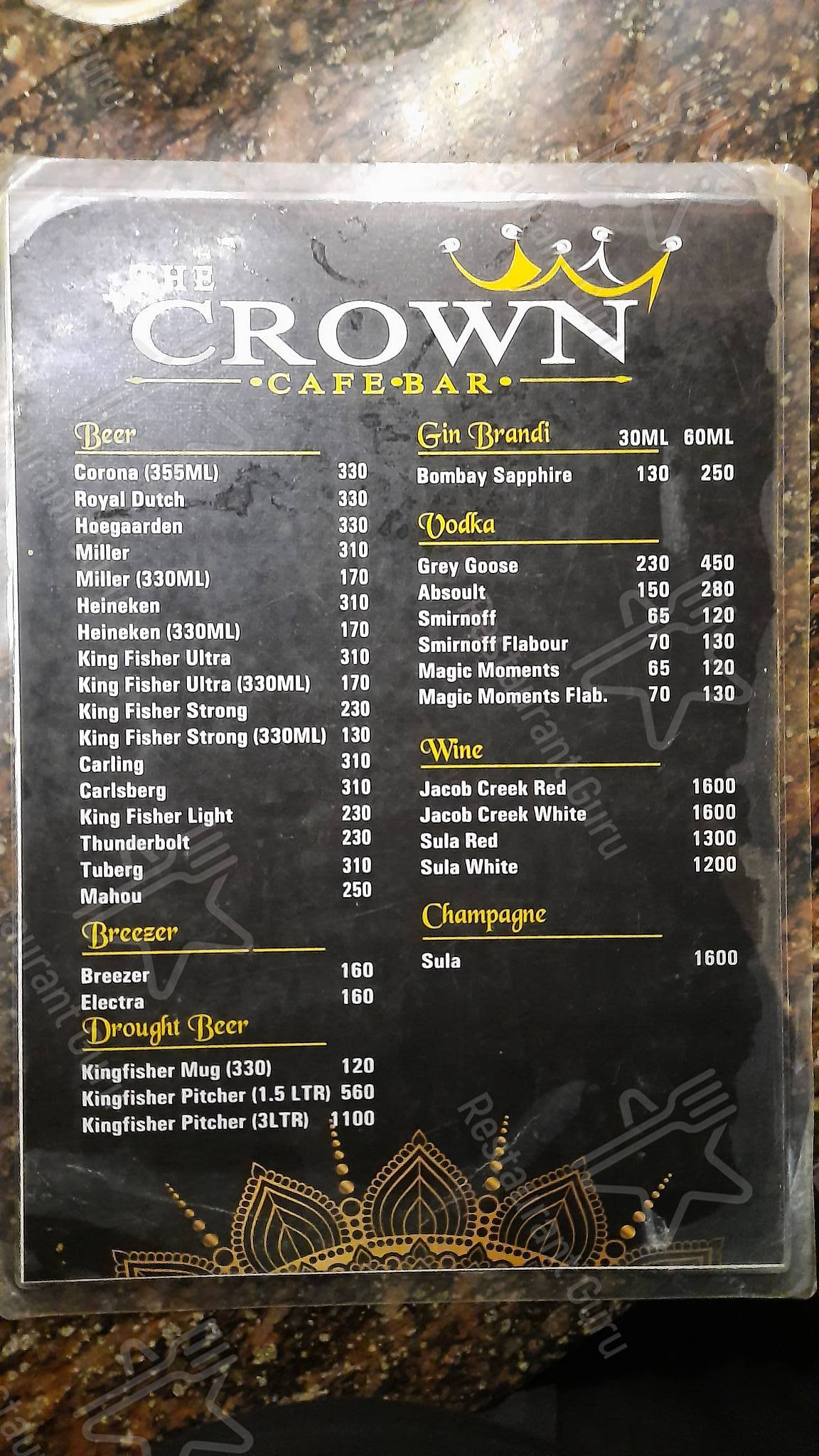 Menu at The Crown, Khanna