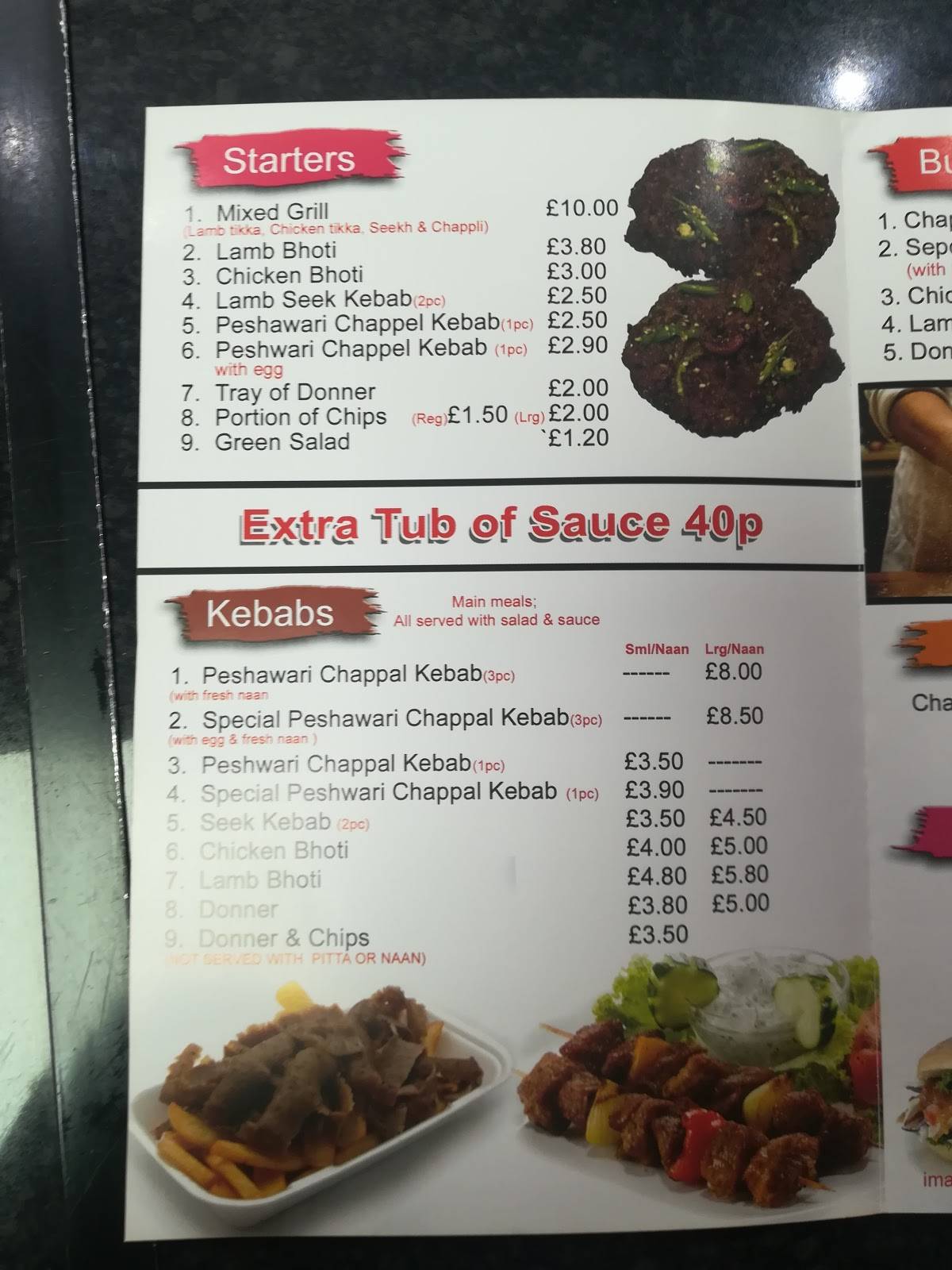 Menu at Khyber Kebabs restaurant, Oldham