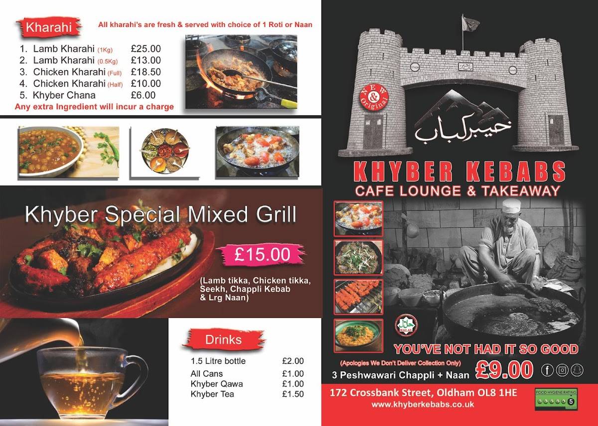 Menu at Khyber Kebabs restaurant, Oldham