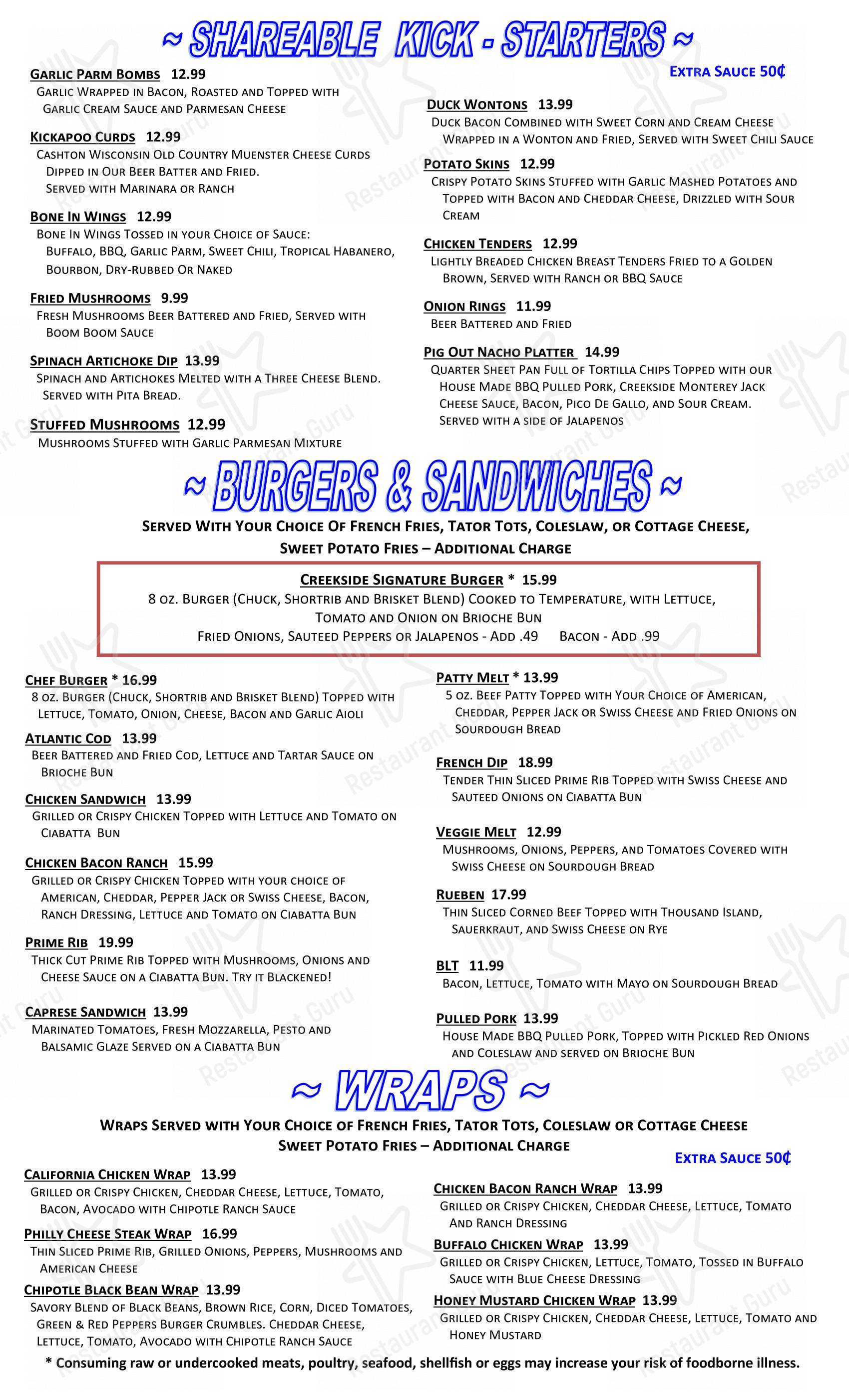 Menu at Kickapoo Creekside pub & bar, Readstown