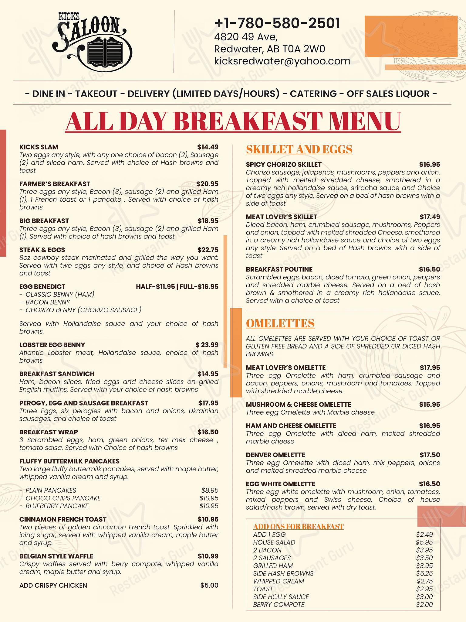 Menu at Kicks Saloon Bar & Restaurant, Redwater