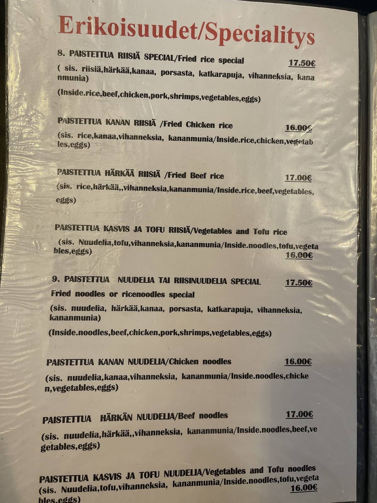 Menu at Kiinalainen Ravintola Iso Panda restaurant, Oulu