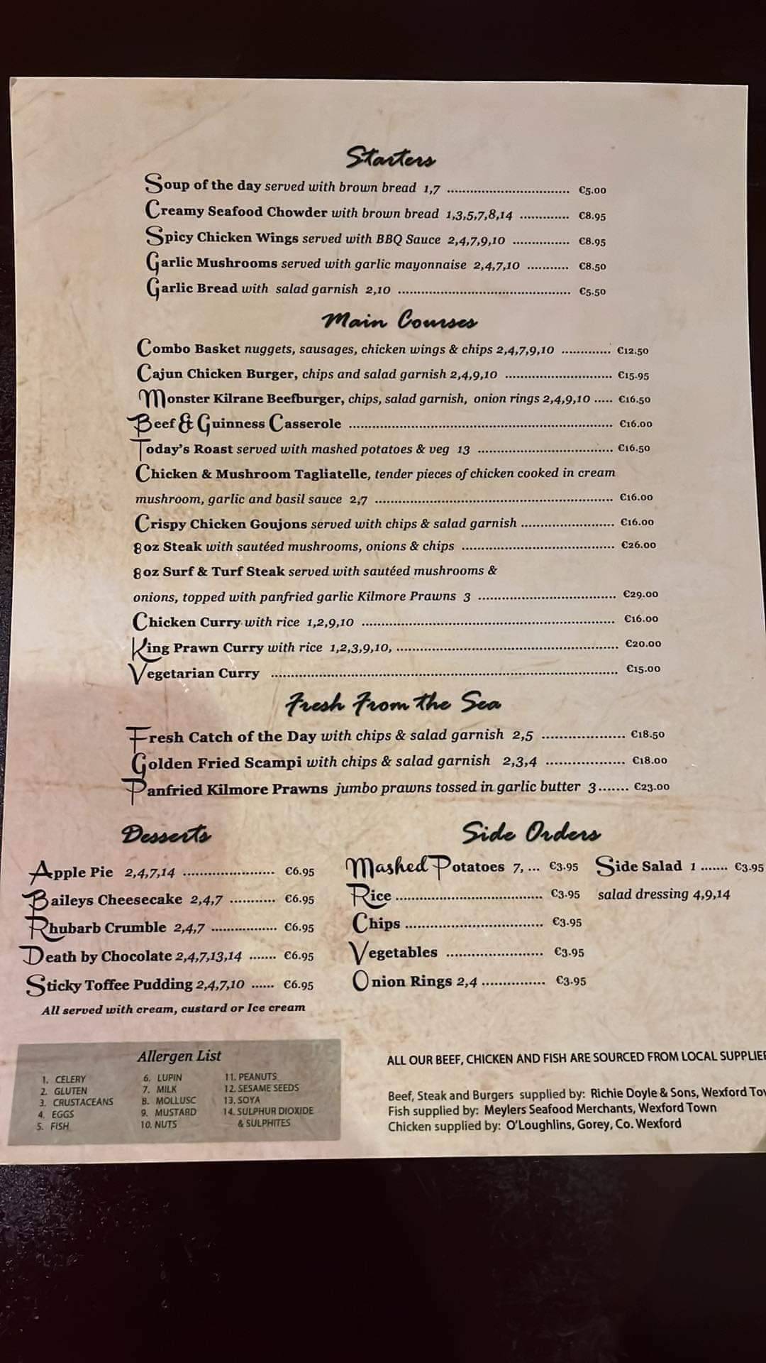 Menu at The Kilrane Inn pub & bar, Kilrane