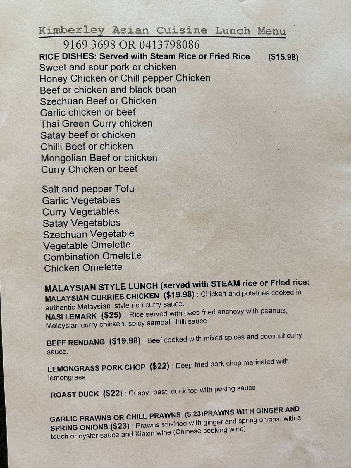 Menu at Kimberley Asian Cuisine restaurant, Kununurra