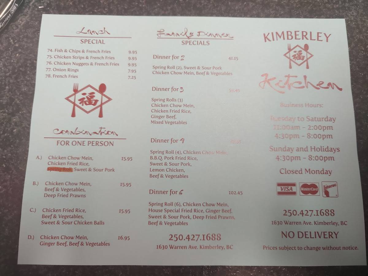 Menu at Kimberley Kitchen restaurant, Kimberley