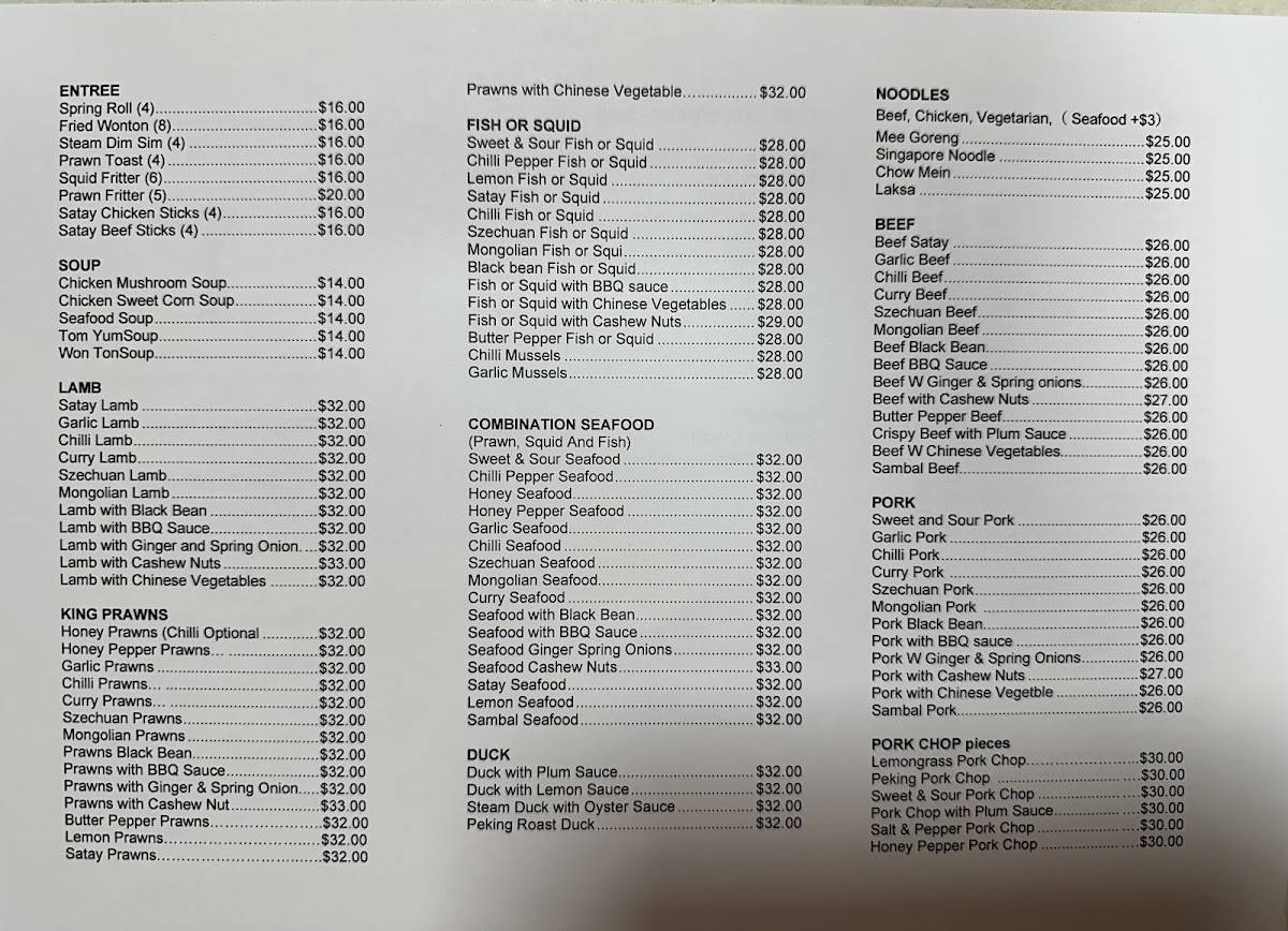 Menu at Kimberley Asian Cuisine restaurant, Kununurra