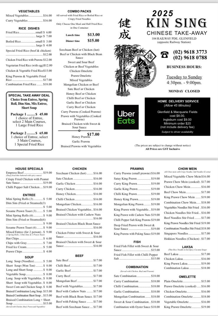 Menu at Kin Sing Chinese Take Away restaurant, Glenfield