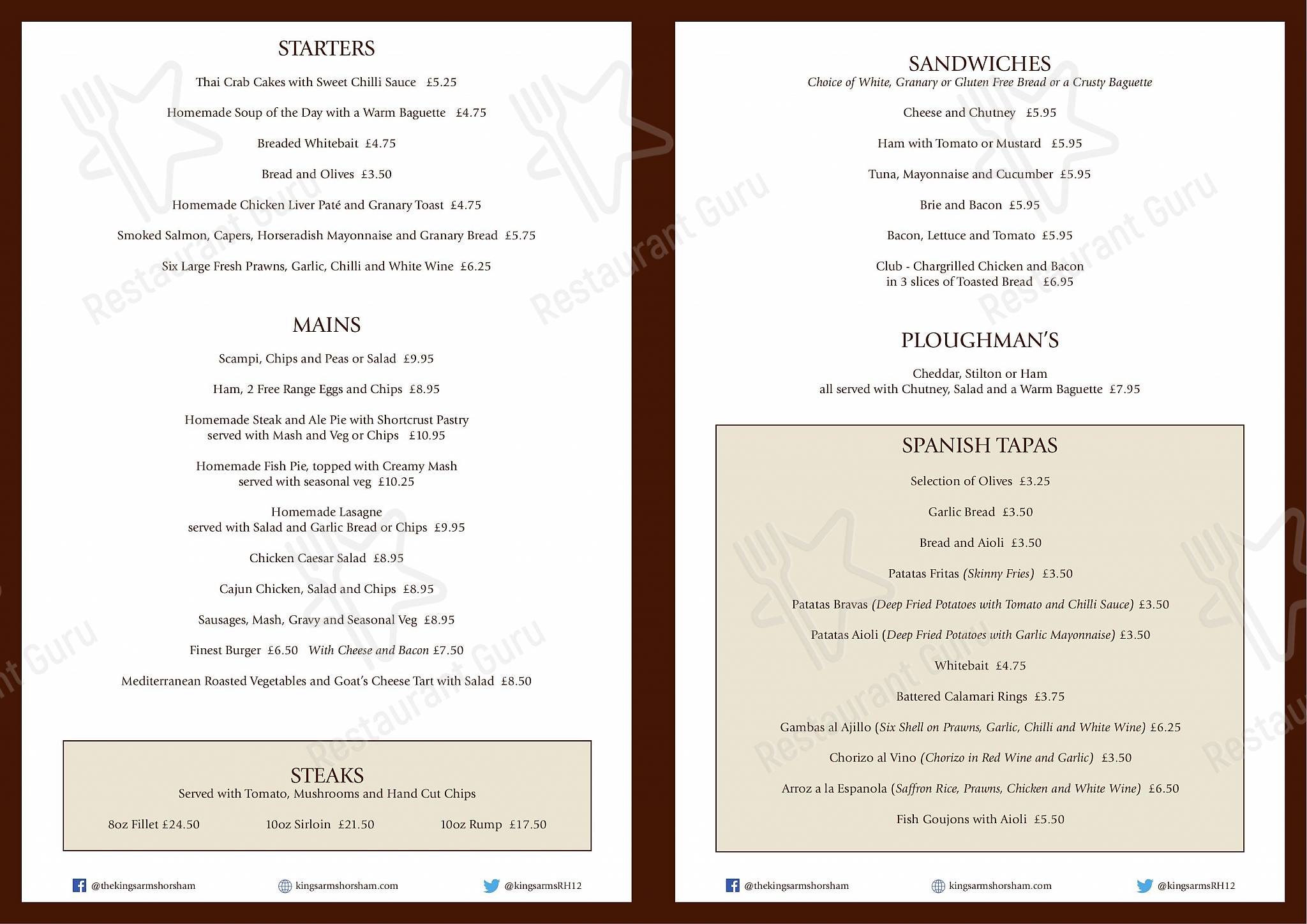 Menu at King's Arms, Horsham pub & bar, Horsham