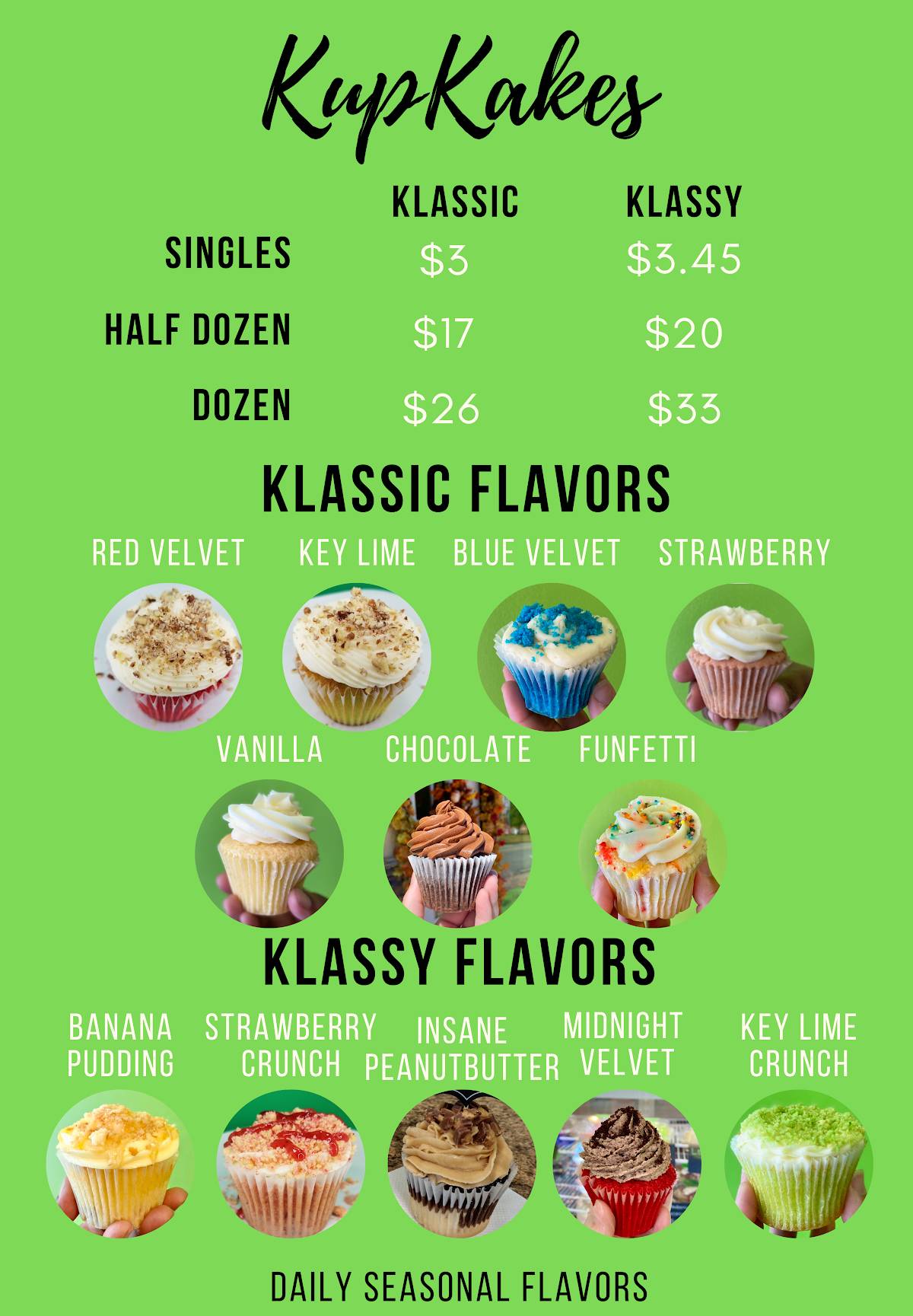 Menu at Kizzy's Kakes restaurant, Griffin