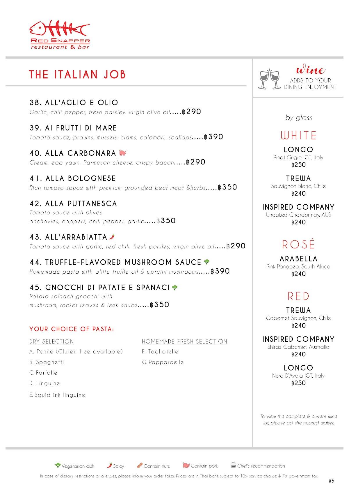 Menu at Red Snapper restaurant, Ko Samui