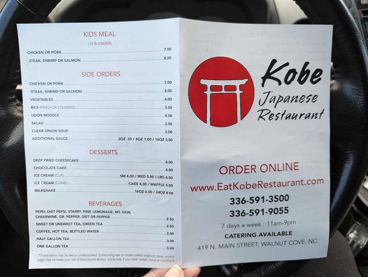 Menu at Kobe Japanese Restaurant, Walnut Cove