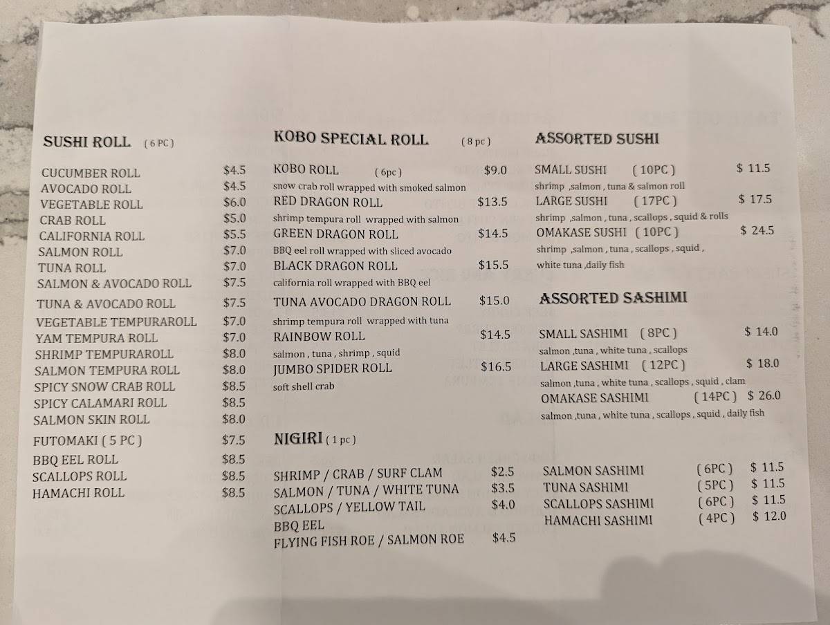 Menu at Kobo Gourmet restaurant, Pickering
