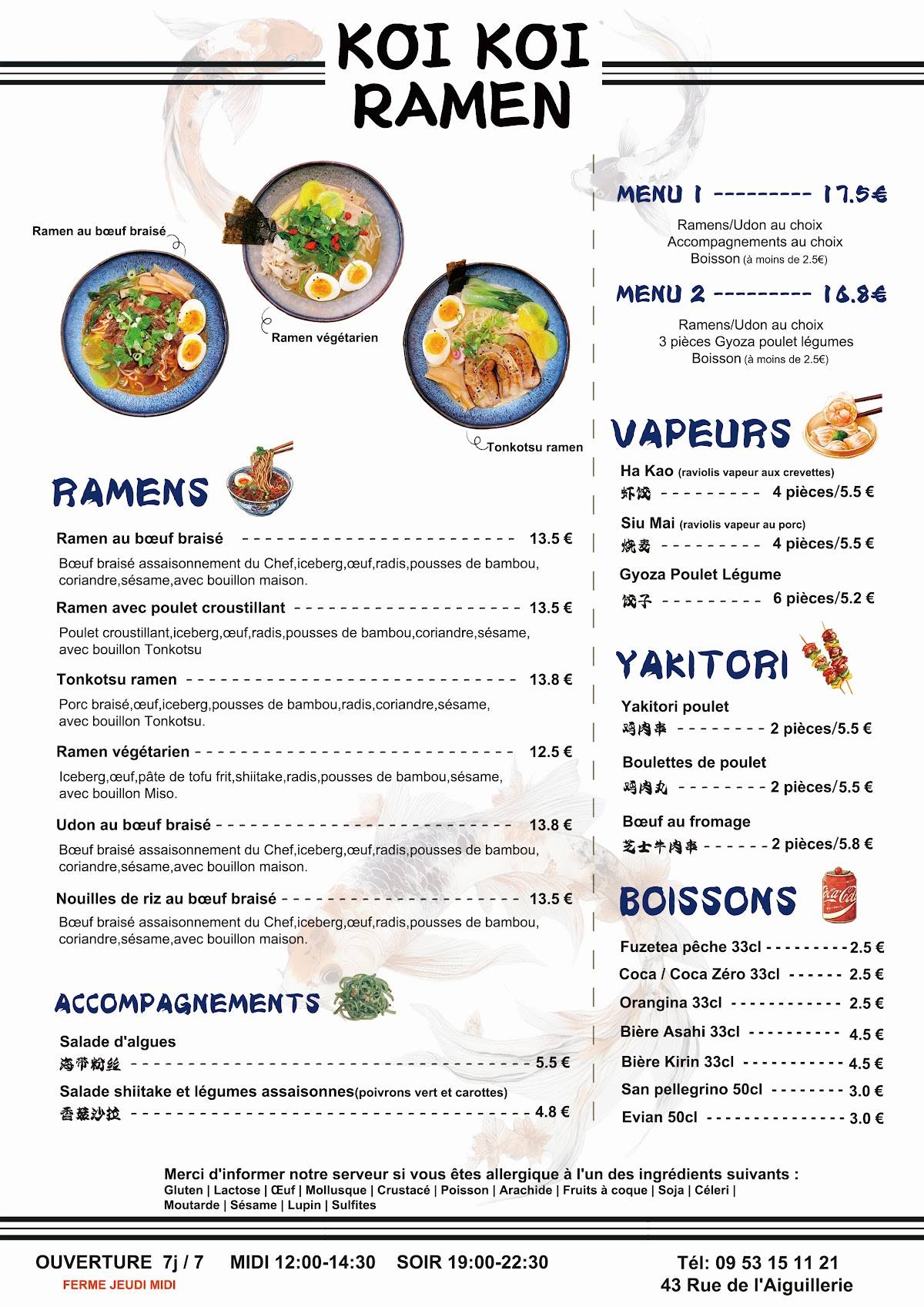 Menu at Koi Koi ramen restaurant, Montpellier