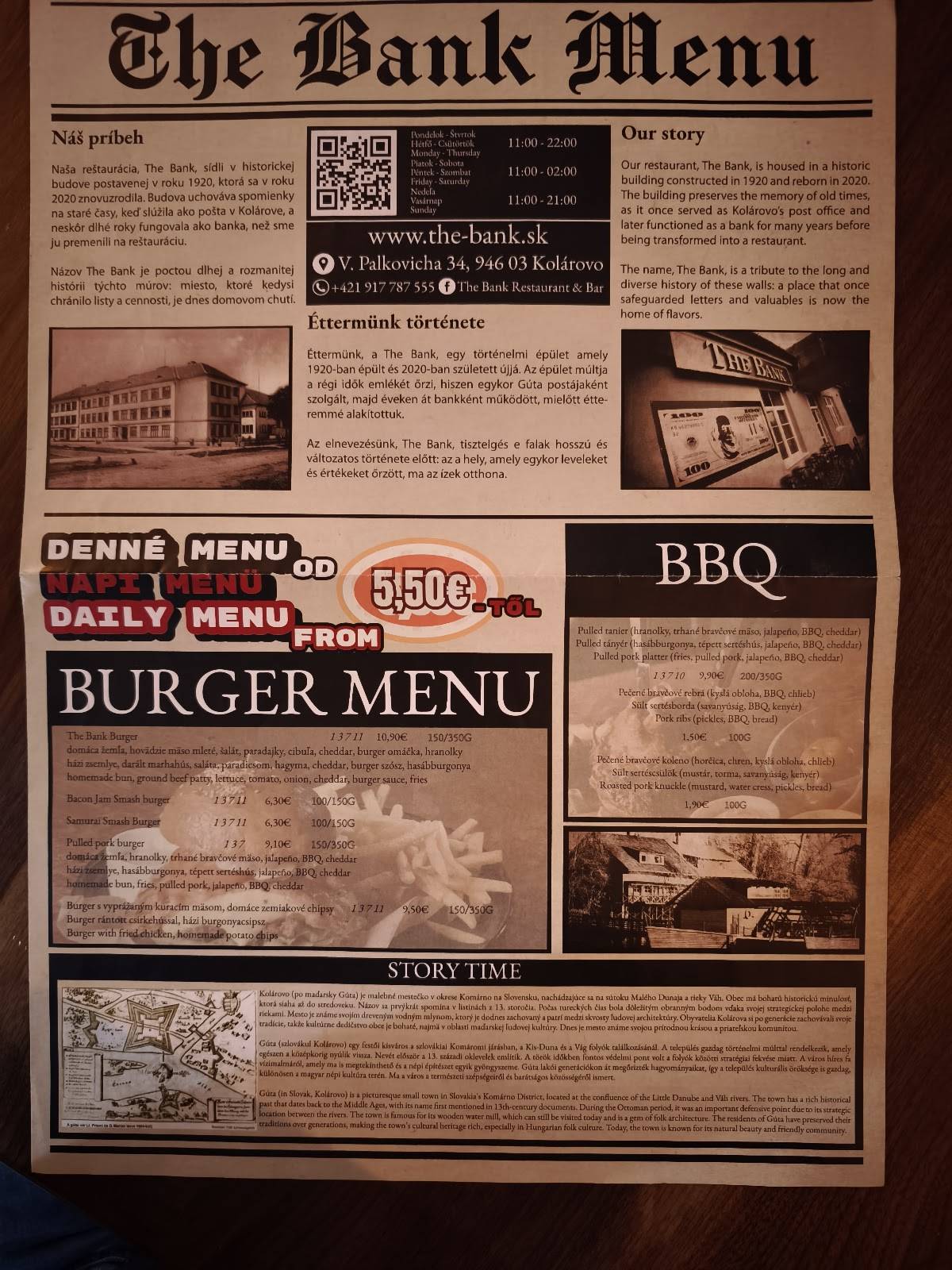Menu at The Bank restaurant, Kolárovo