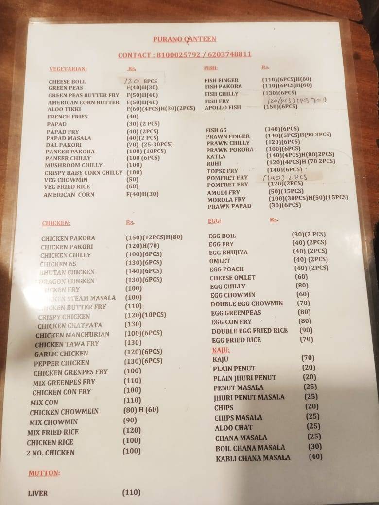 Menu at CPSI (Calcutta Police Sergeants Institute), Kolkata