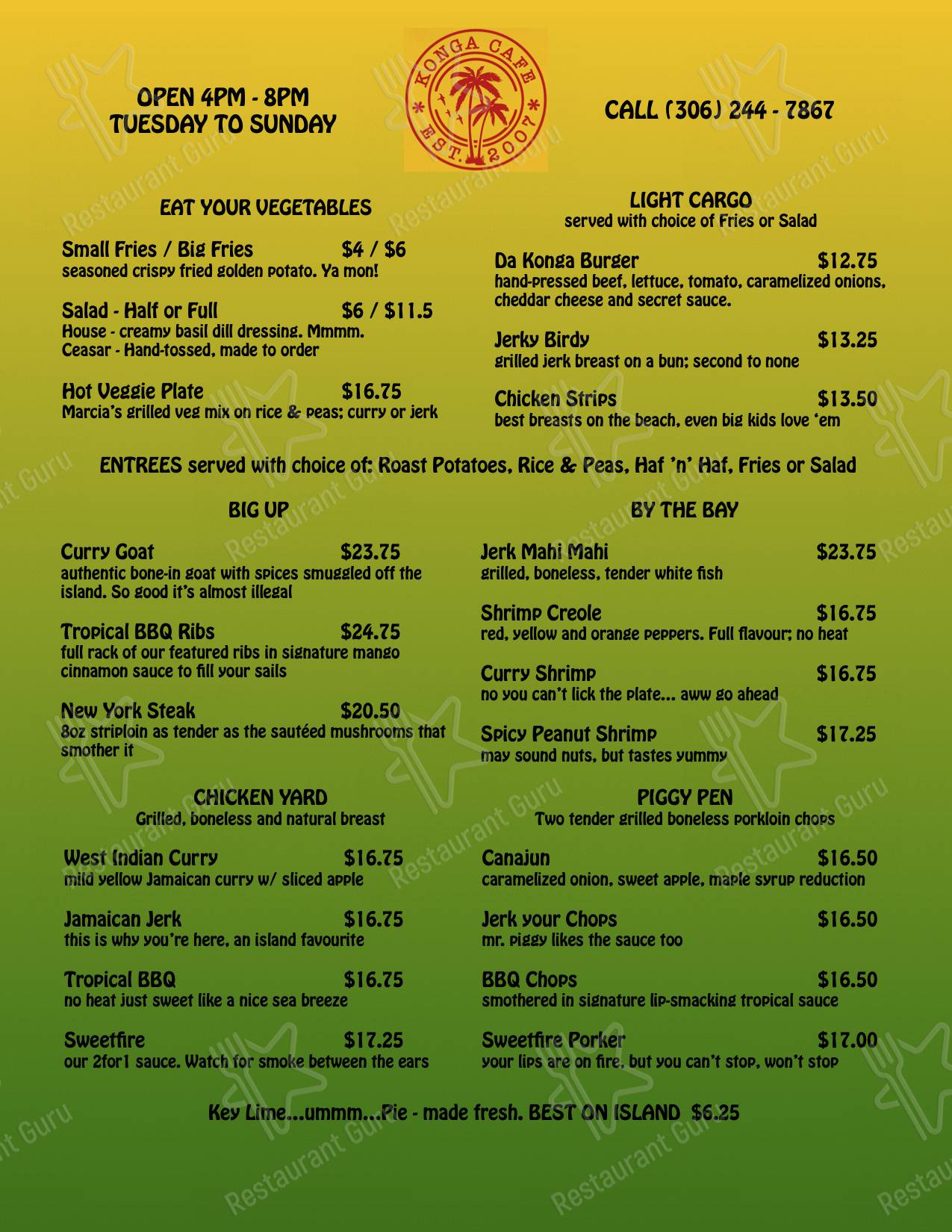 Menu at Konga Cafe, Saskatoon