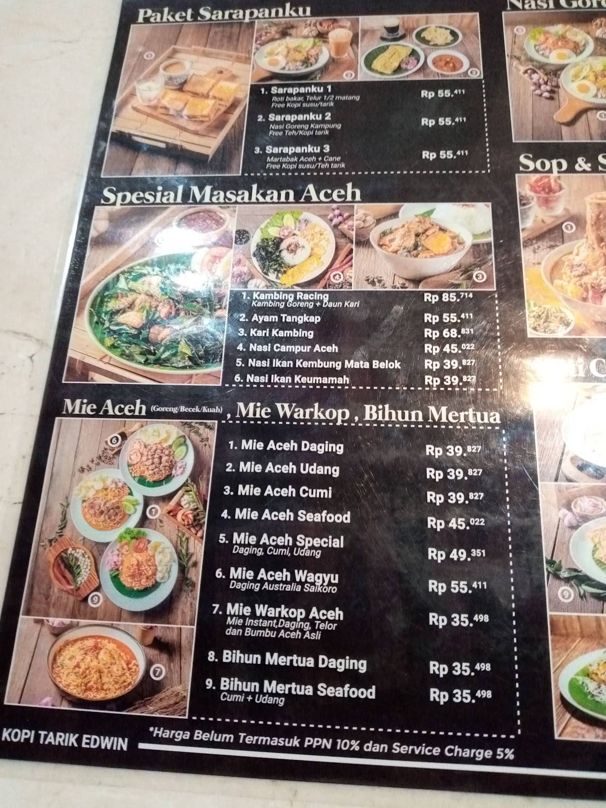 Menu at Kopi Tarik Edwin restaurant, East Jakarta