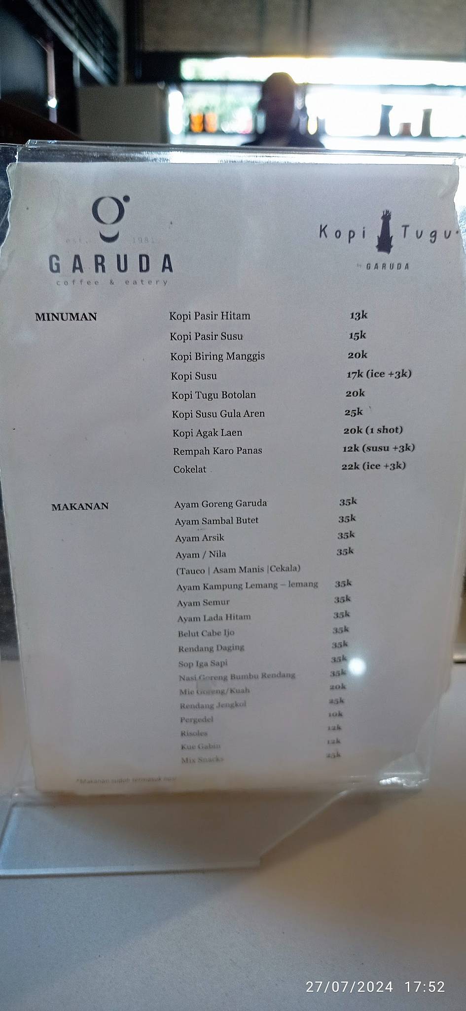 Carta del restaurante Kopi Tugu by Garuda, Indonesia