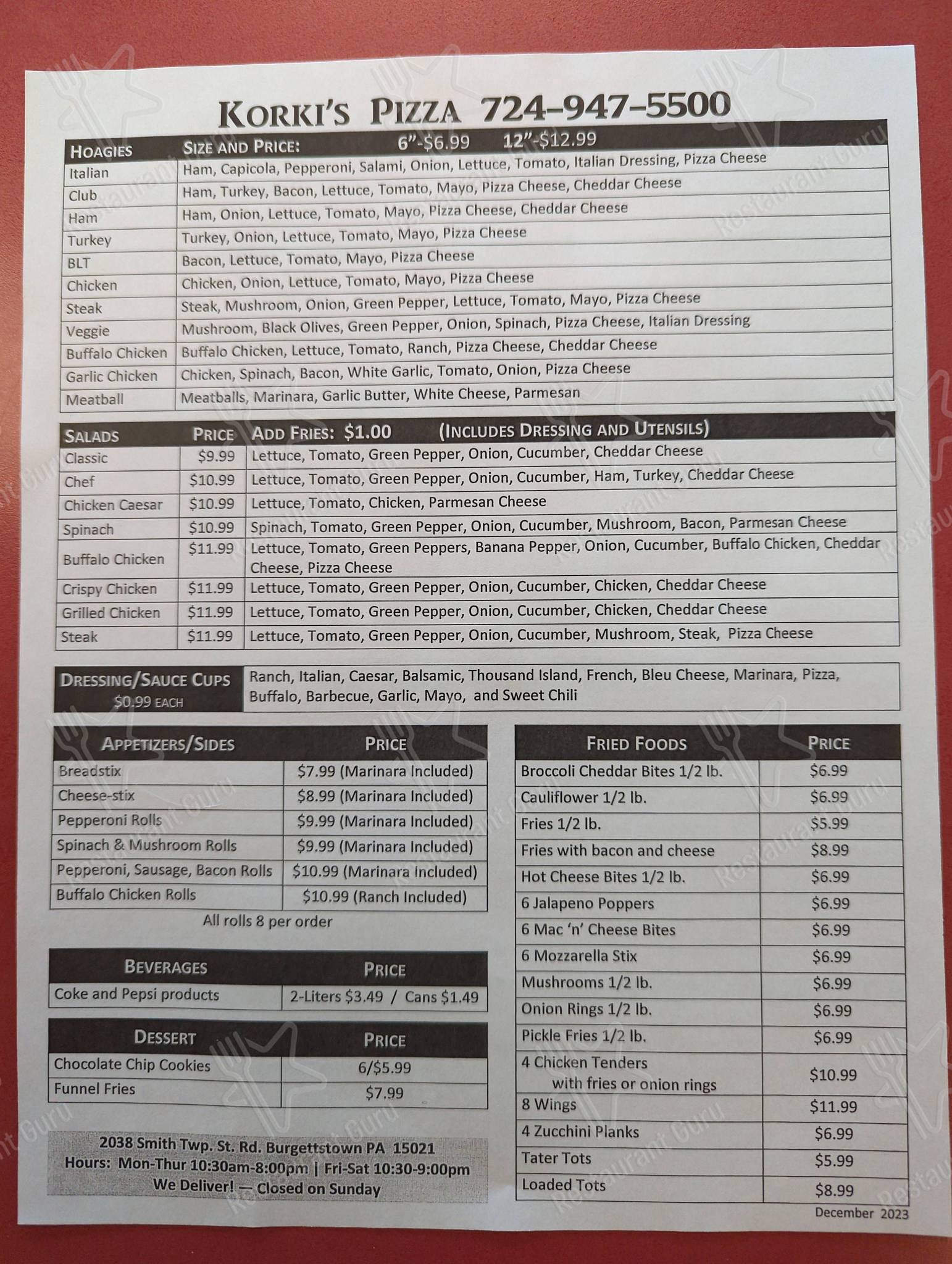 Menu at Korki's Pizza pizzeria, Burgettstown
