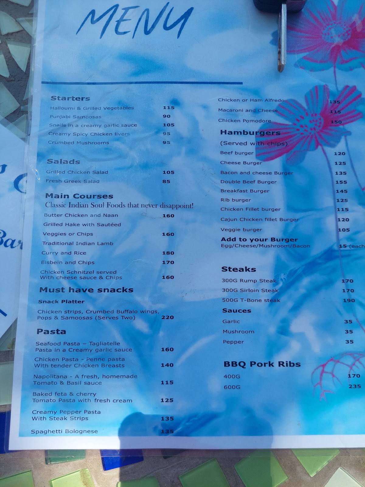 Menu at Kosmos Cafe, Hartbeespoort