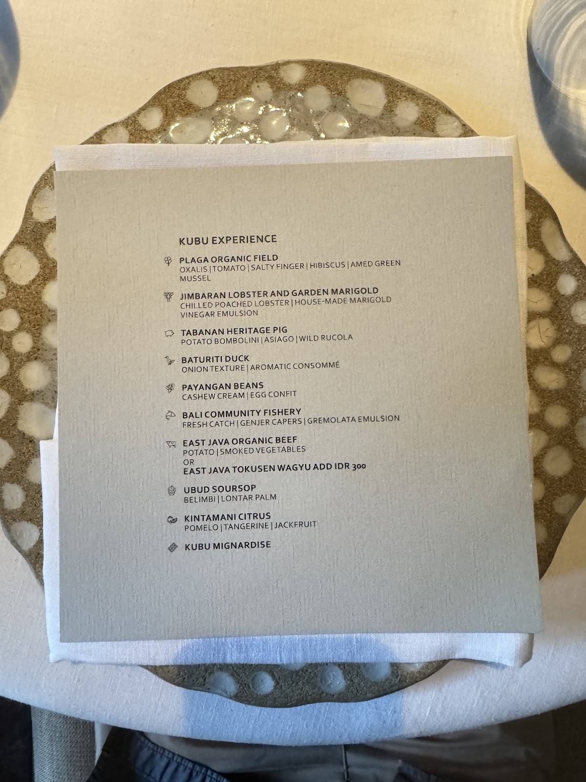 Menu at Kubu at Mandapa restaurant, Ubud