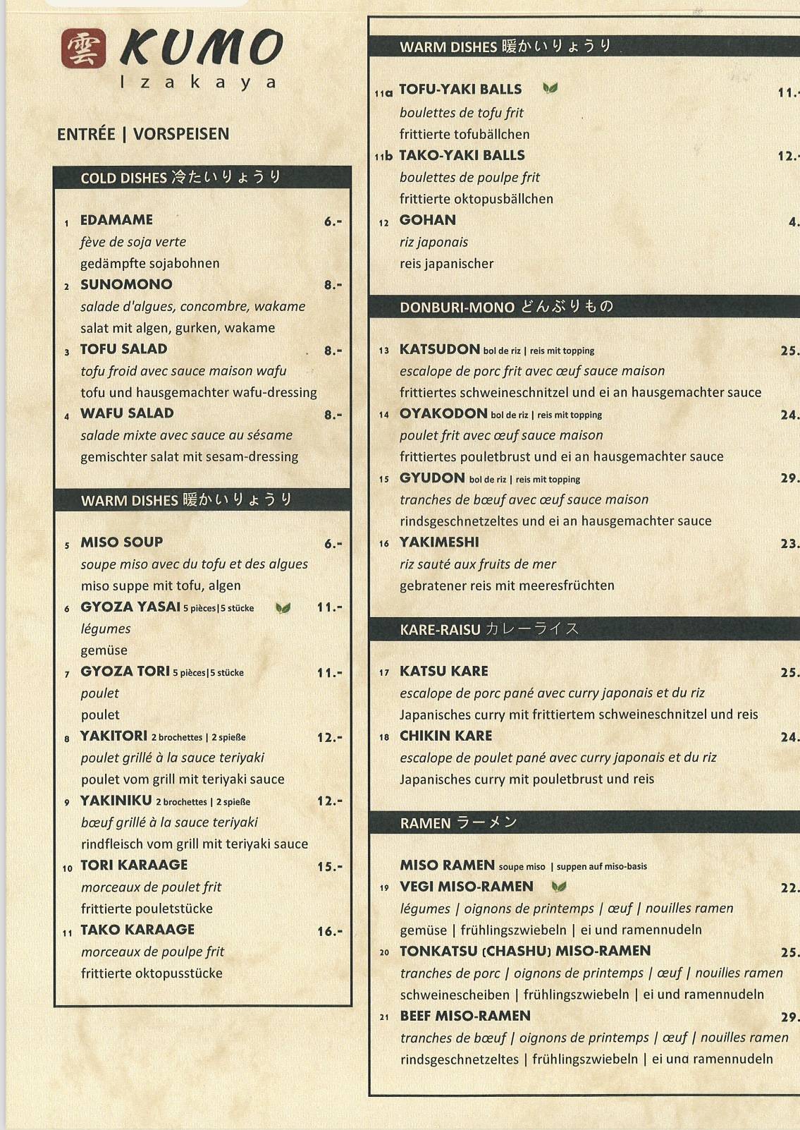 Carta de Kumo Izakaya - Japanese Bar & Restaurant, Biel/Bienne