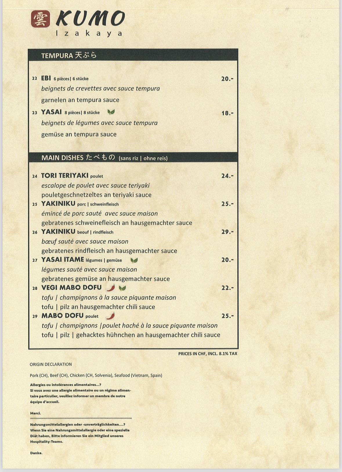 Carta de Kumo Izakaya - Japanese Bar & Restaurant, Biel/Bienne