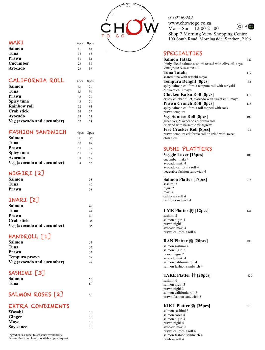 Speisekarte von CHOW restaurant, Sandton, 100 South Road