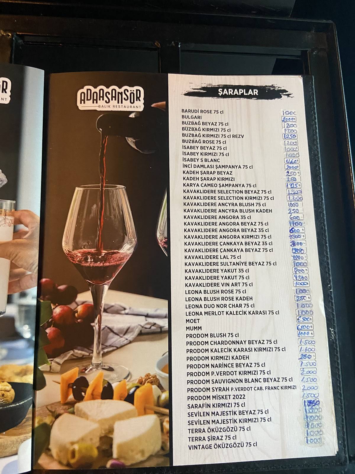 Menu at Ada Asansör Balık Restaurant, Kusadasi