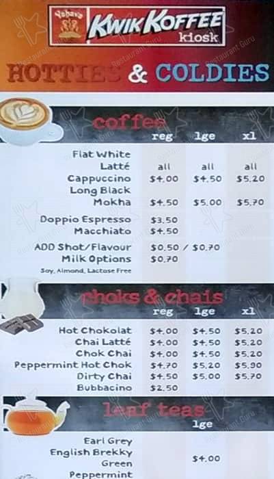 Menu at Kwik Koffee cafe, Perth