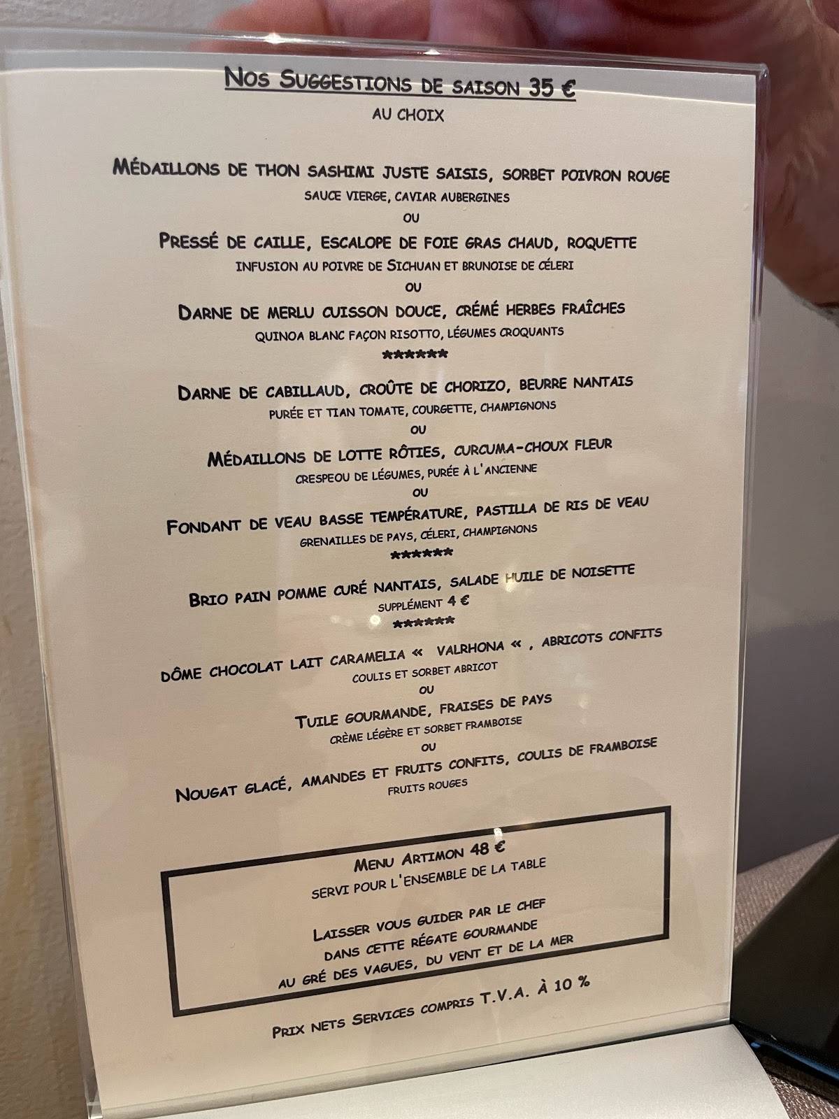 Carta del restaurante L' Artimon, La Bernerie-en-Retz