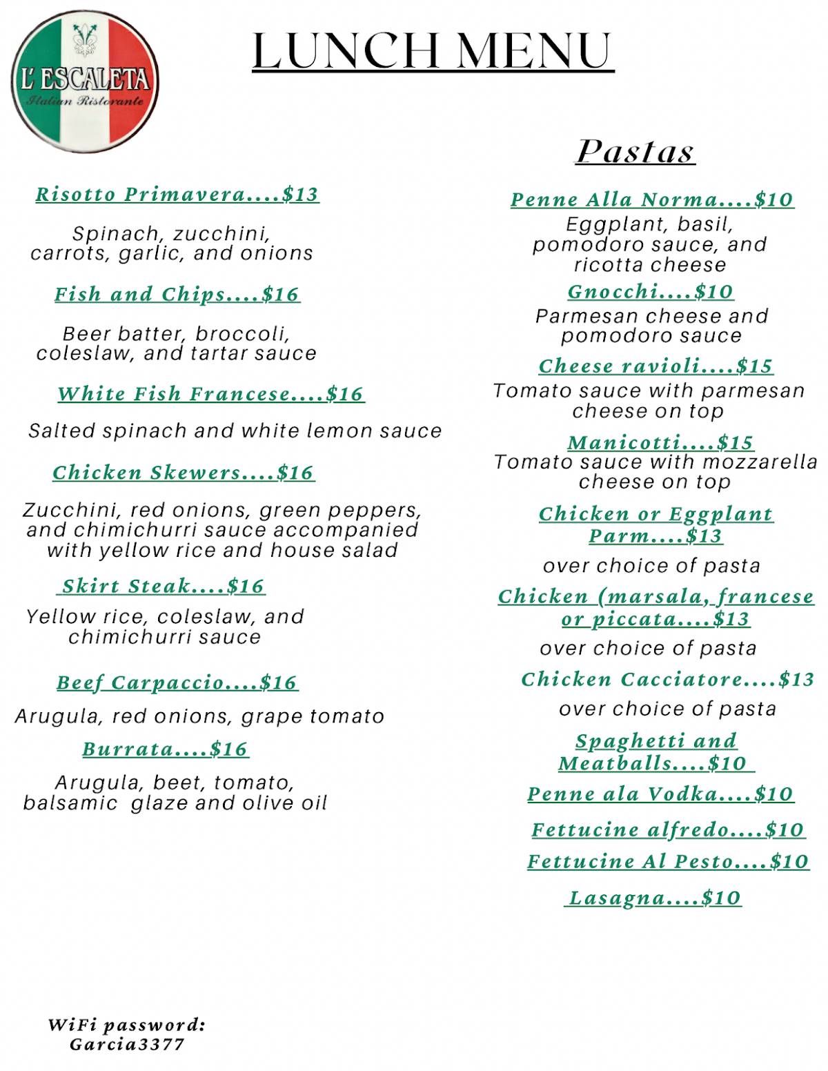 Carta de pizzería L' Escaleta Italian Ristorante, Delray Beach