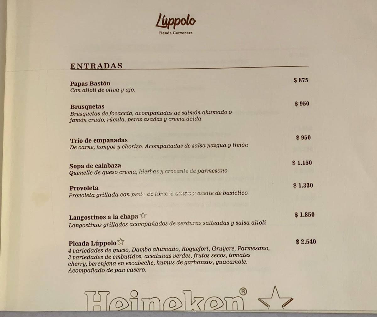 Carta del restaurante Lúppolo Heineken, San José