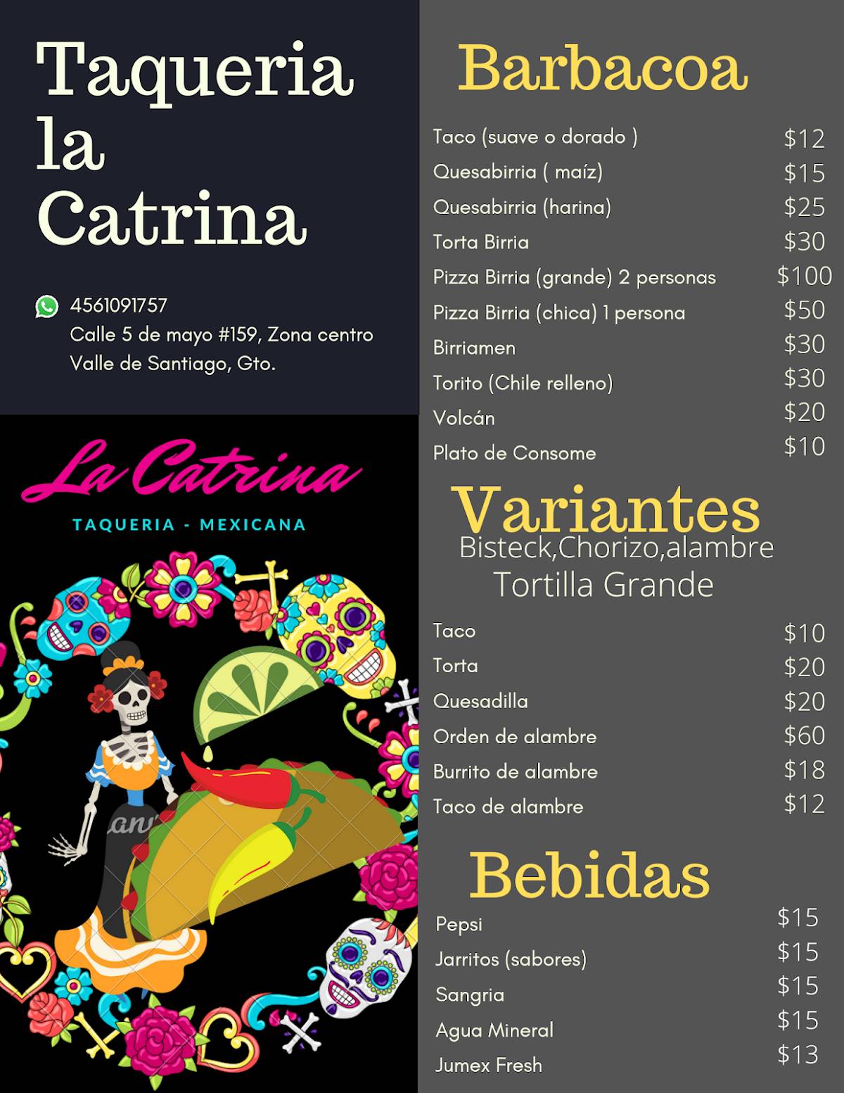 Menu at LA CATRINA (TAQUERIA) restaurant, Valle de Santiago