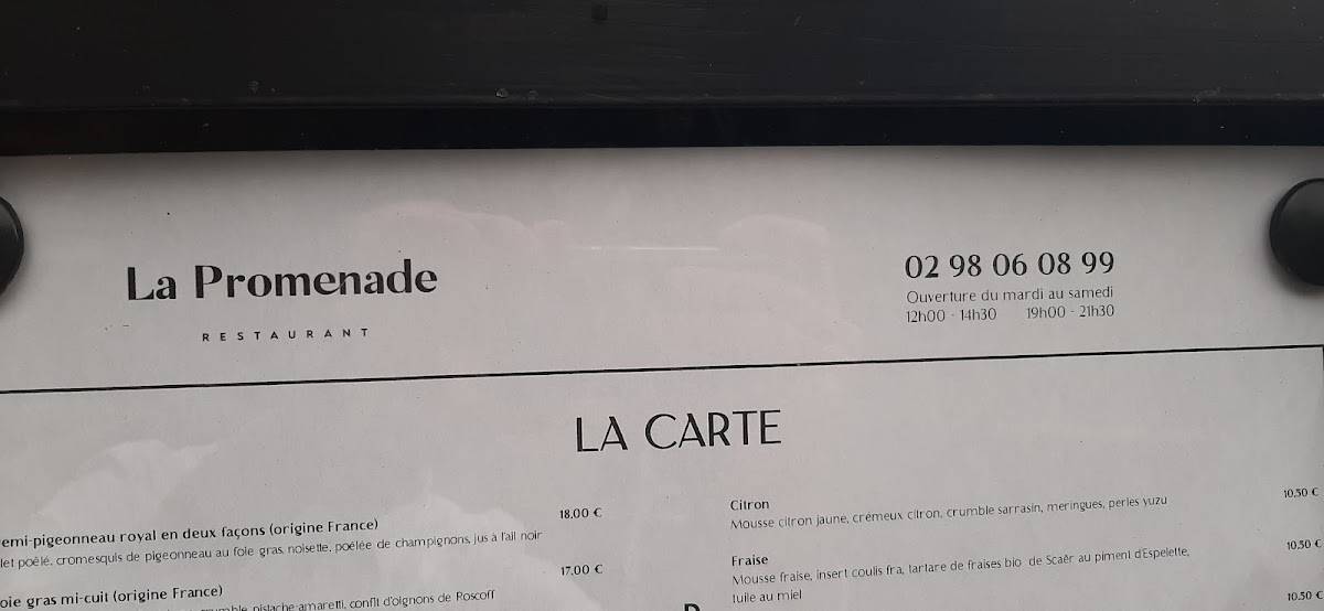 Menu au La Promenade restaurant, Pont-Aven