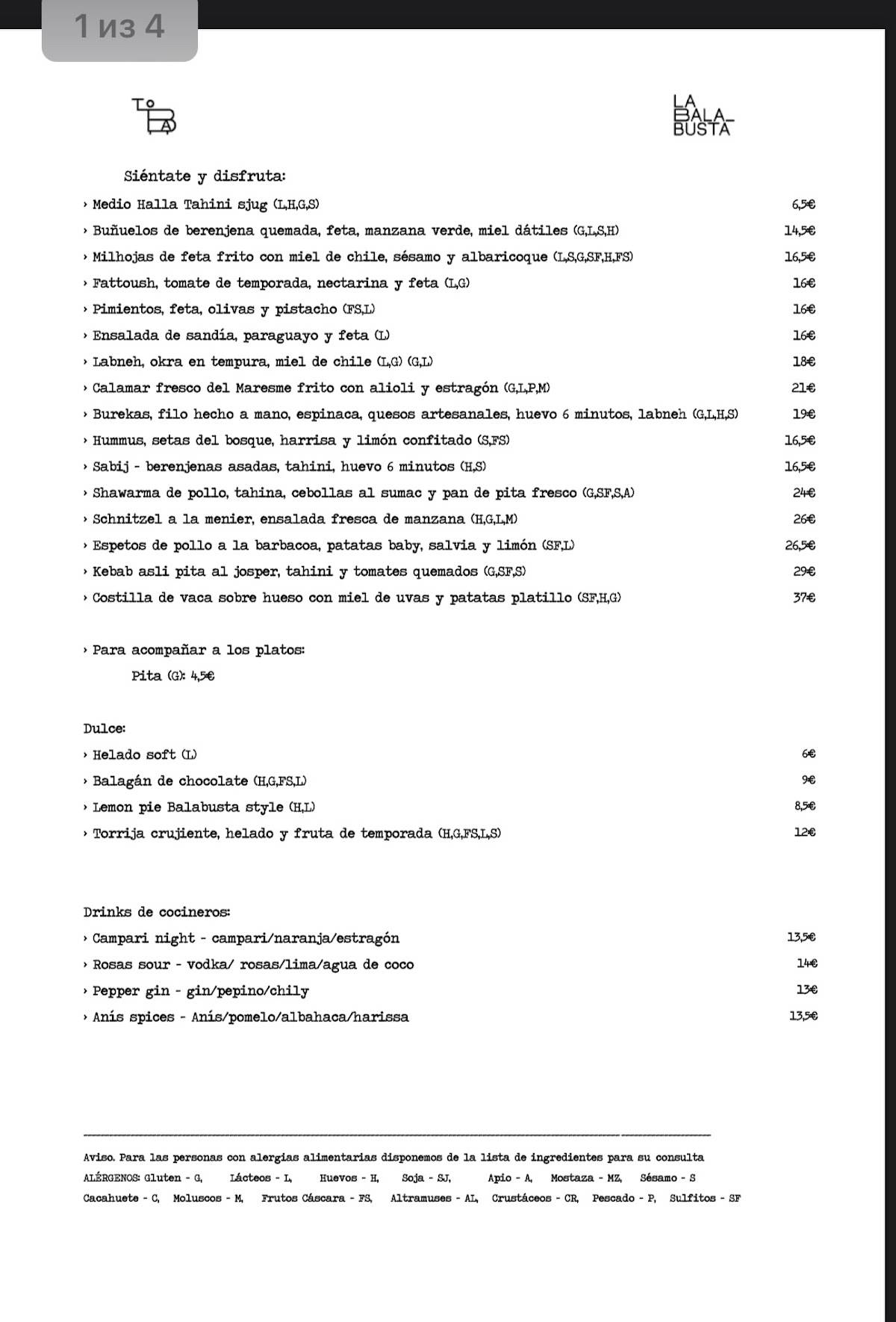 Menu at LABALABUSTA restaurant, Barcelona