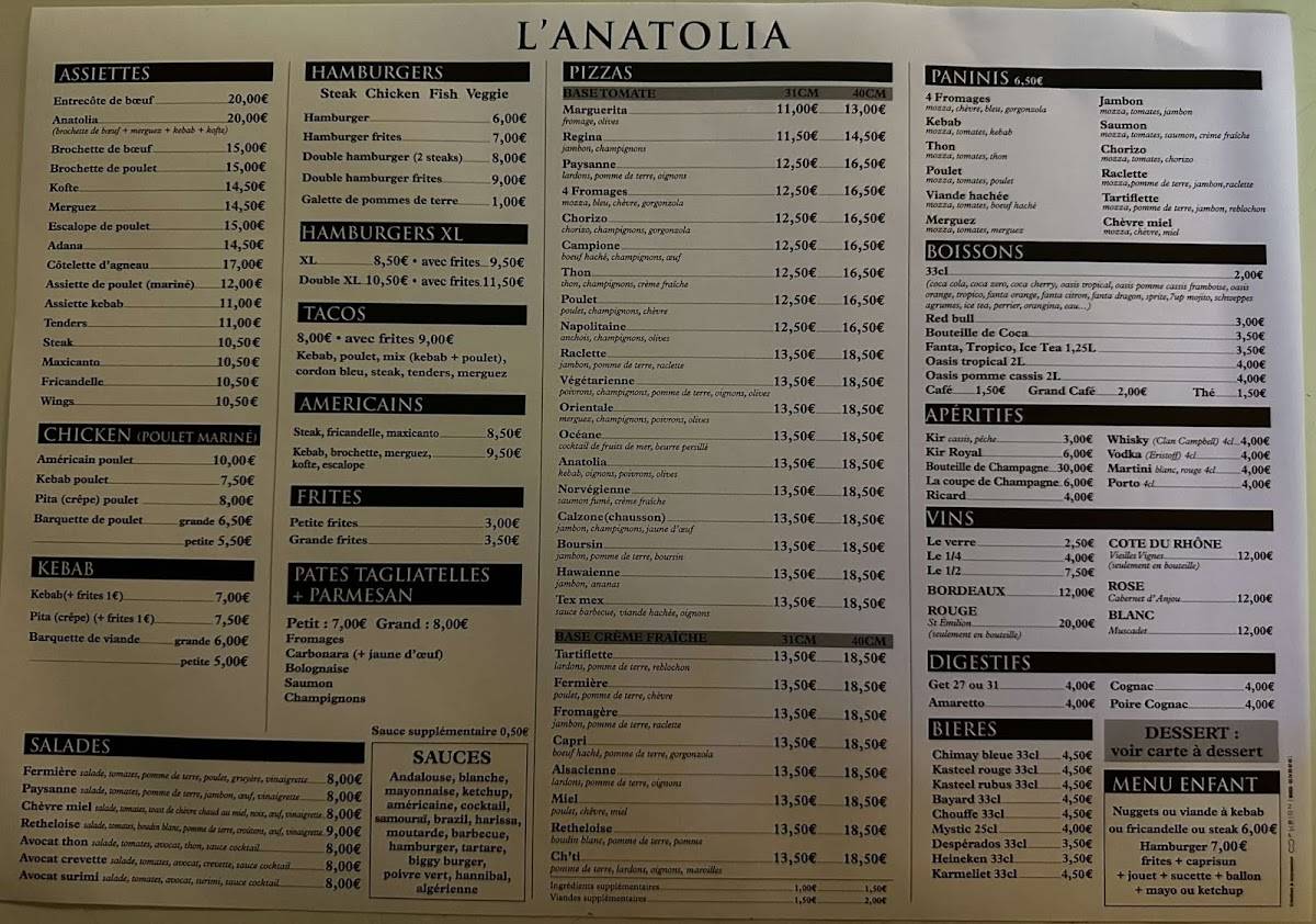 Menu au L'Anatolia restaurant, Bogny-sur-Meuse