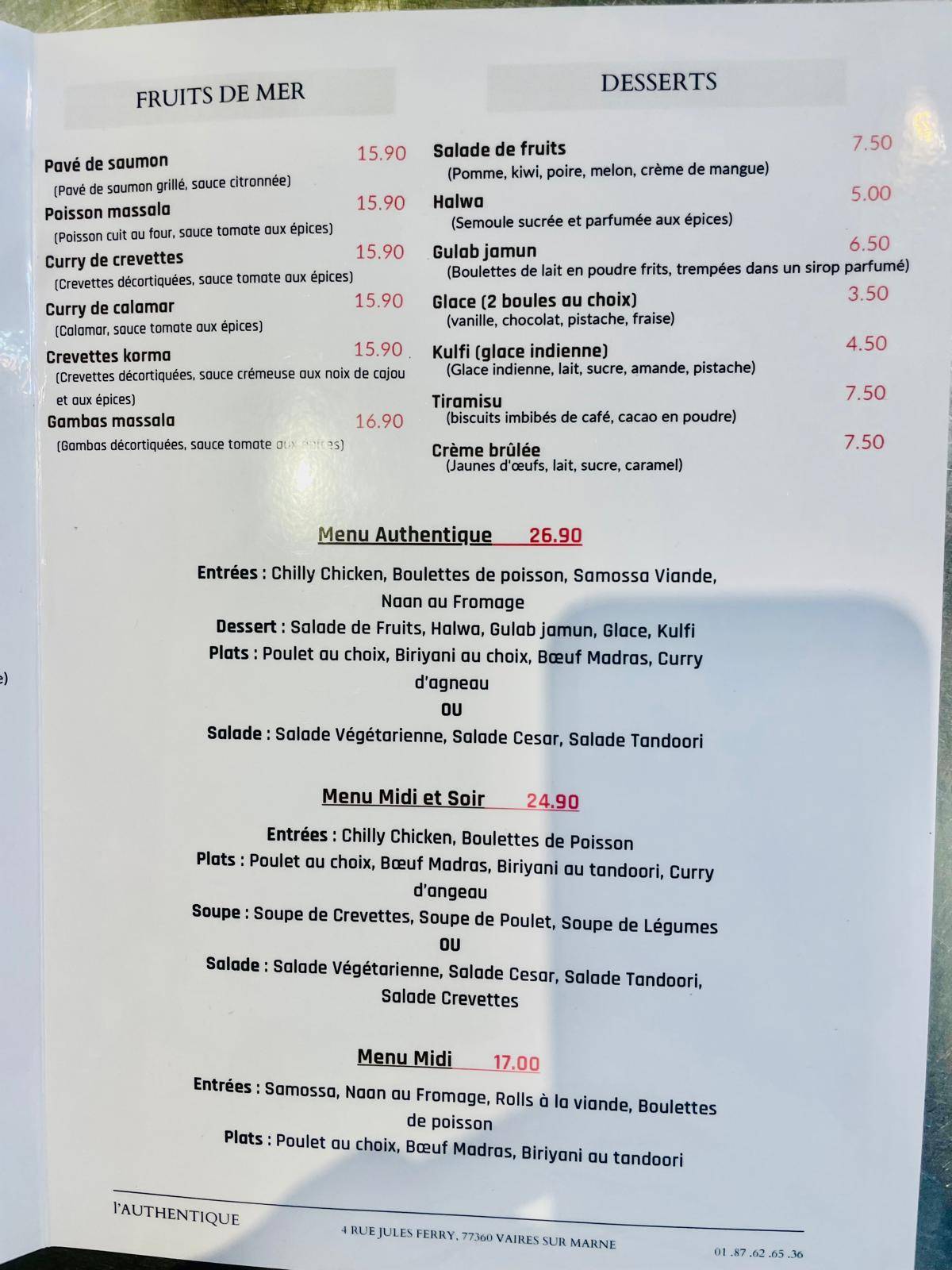 Menu au L'Authentique restaurant, Vaires-sur-Marne