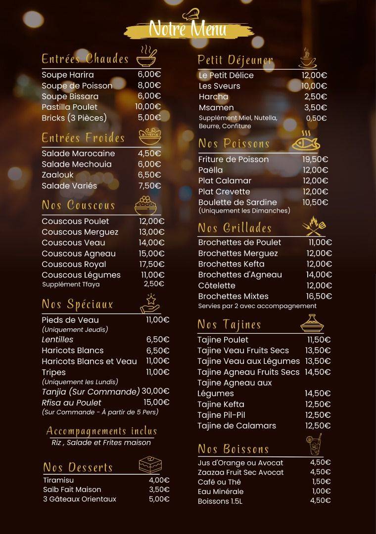Menu au LES SAVEURS DU MAROC restaurant, Les Pavillons-sous-Bois