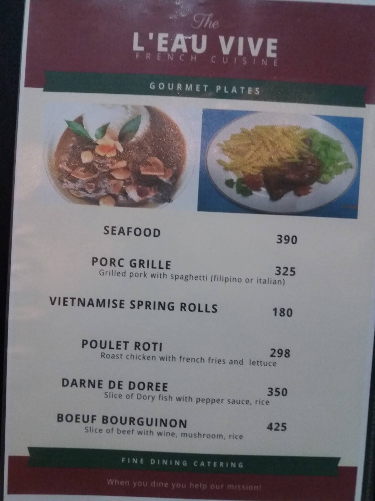 Menu at L'Eau Vive in Asia restaurant, Manila
