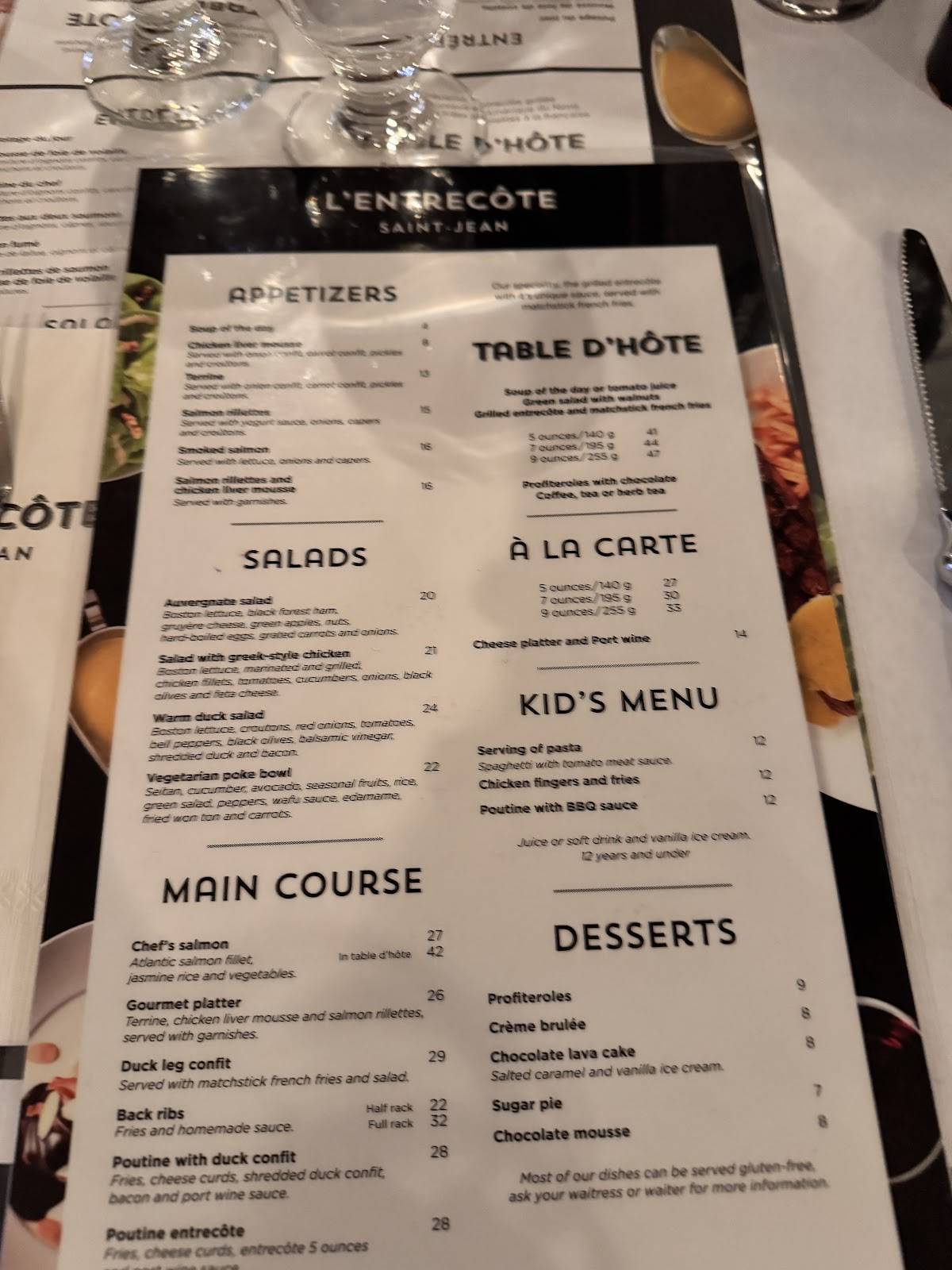 Menu au L'Entrecôte Saint-Jean restaurant à viande, Québec