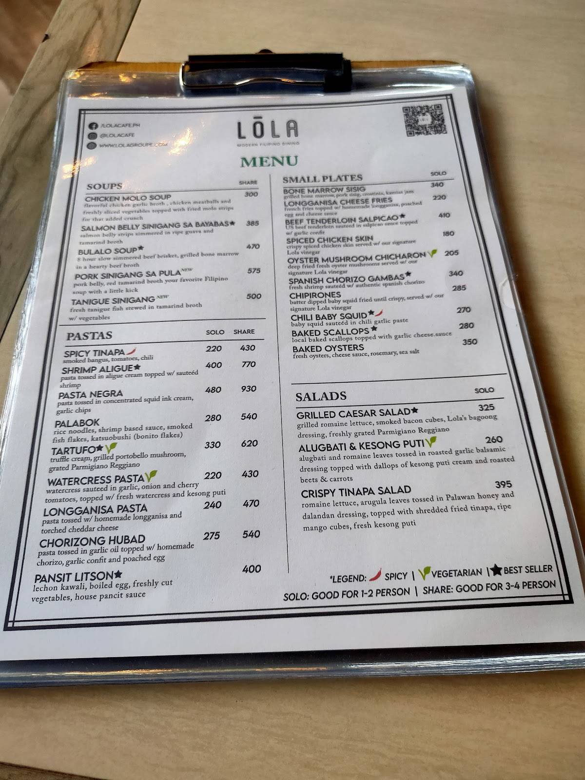 Menu at LOLA Cafe - Broadway (New Manila), Quezon City