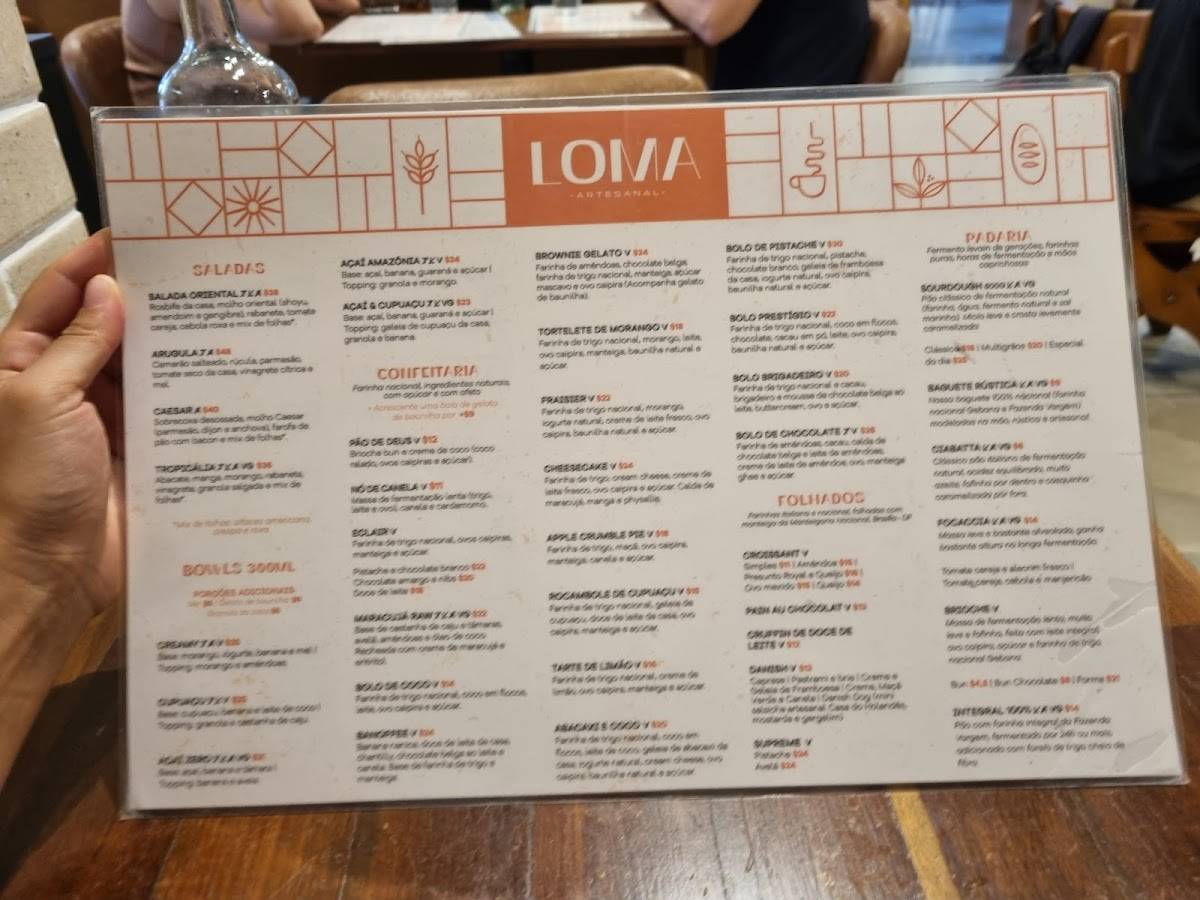 Menu at LOMA restaurant, Brasília