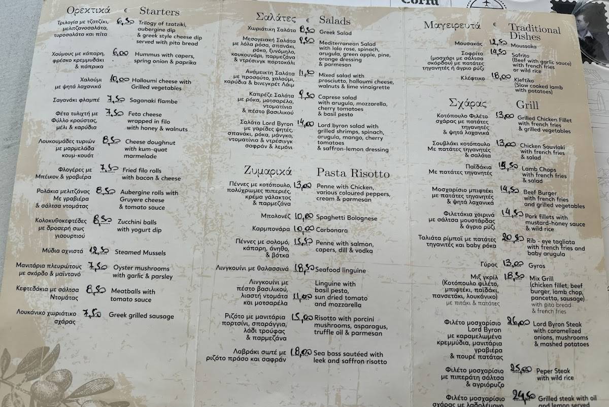 Menu at LORD BYRON, Mparmpati