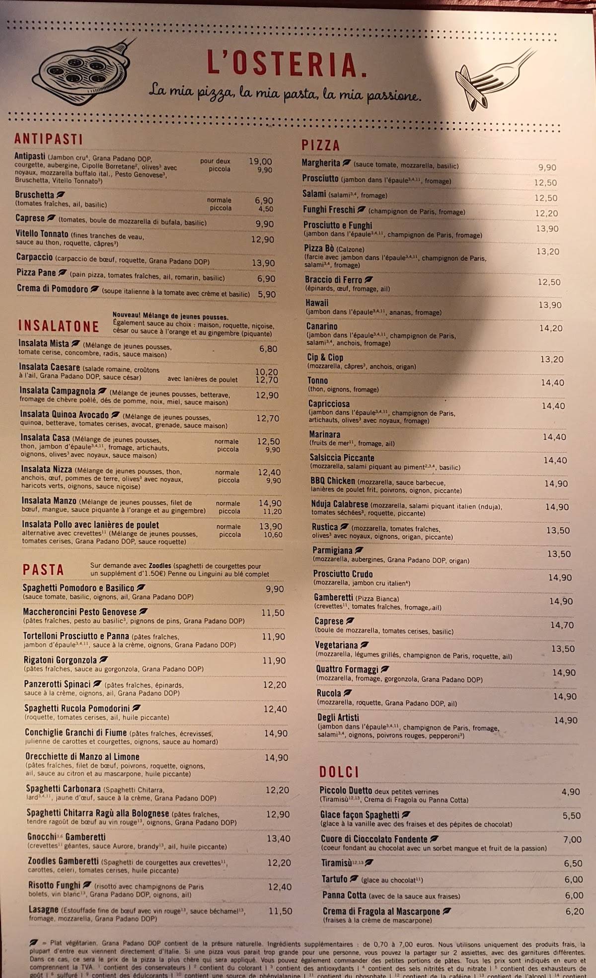Speisekarte von L'Osteria Luxembourg restaurant, Luxemburg