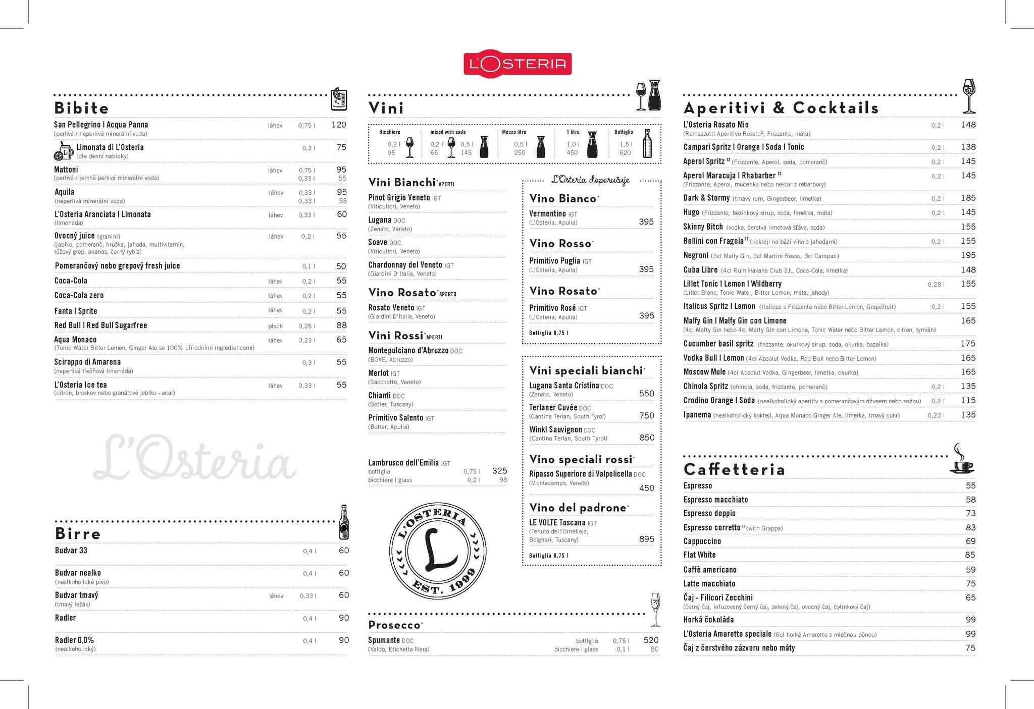 Menu at L'Osteria restaurant, Prague, Drn Národní