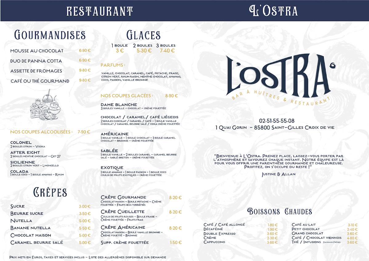 Menu au L'Ostra - Bar - Café - Restaurant - Brasserie, Saint-Gilles ...