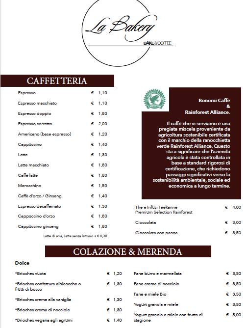 Menu da La Bakery, Sesto Calende